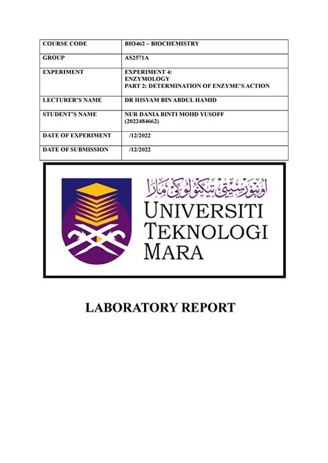 Practical 4 Experiment Course Code Bio462 Biochemistry Group
