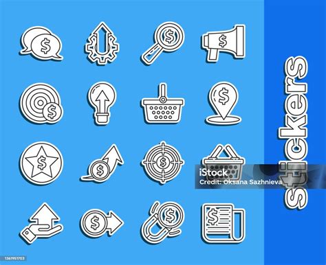 세트 라인 금융 뉴스 쇼핑 바구니 현금 위치 돋보기 및 달러 전구 기호 음성 거품과 아이콘 대상 벡터 1위에 대한 스톡 벡터 아트 및 기타 이미지 Istock