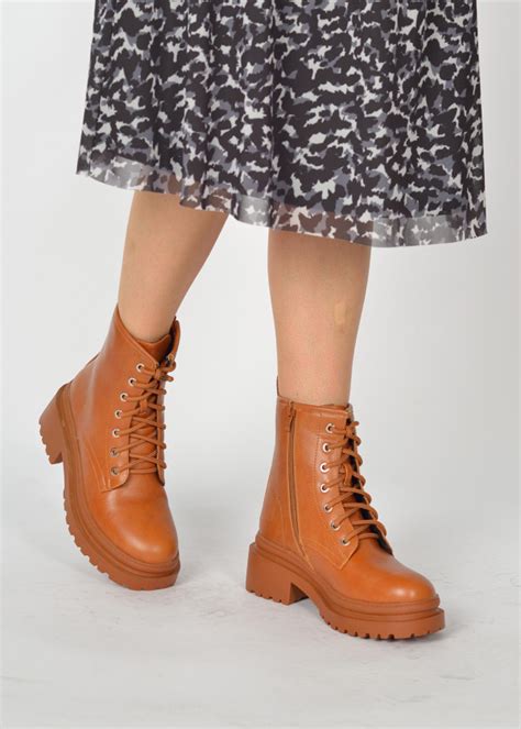 Tan Lace Up Chunky Boots Shoelace Womens Shoes Bags And Fashion