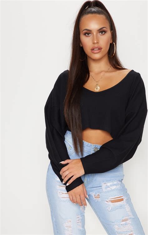 Black Rib V Neck Crop Sweater Tops Prettylittlething