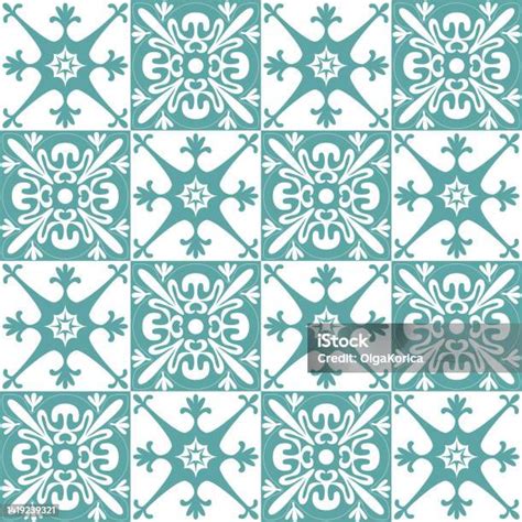세라믹 타일 및 벽 디자인을위한 파스텔 민트 Azulejo 디자인 전통적인 스페인 배경 흰색 파란색 색상 벡터 일러스트 레이 션
