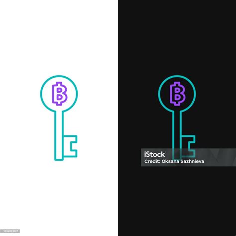 녹색과 보라색 라인 암호 화폐 비트 코인 키 아이콘은 흰색과 검은 색 배경에 격리 기술 인터페이스를 갖춘 사이버 보안 또는