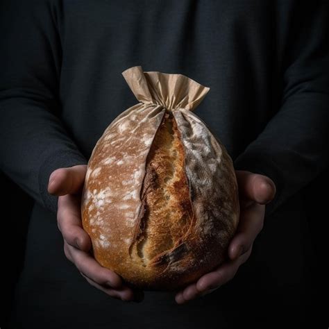 Premium Ai Image Bread In The Hands Of A Man On A Dark Background Toned