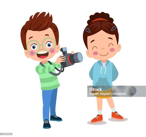 스마트 폰과 카메라 만화 벡터 일러스트레이션을 사용하여 사진을 찍는 귀여운 소년 사진 촬영 이미지 캡처에 대한 스톡 벡터 아트