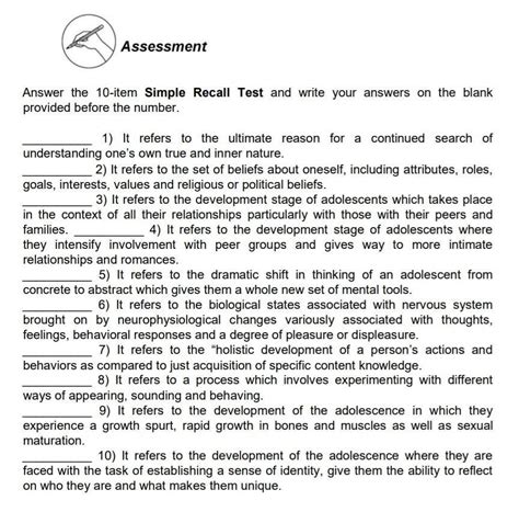 Assessmentanswer The 10 Item Simple Recall Test And Write Your Answers On The Blank Provided Assessmentanswer The 10 Item Simple Recall Test And Write Your Answers On The Blank Provided