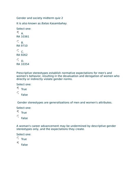 Gender And Society Midterm Quiz 2 Select One A RA 10361 B RA 9710 C RA 9262 D RA 10354
