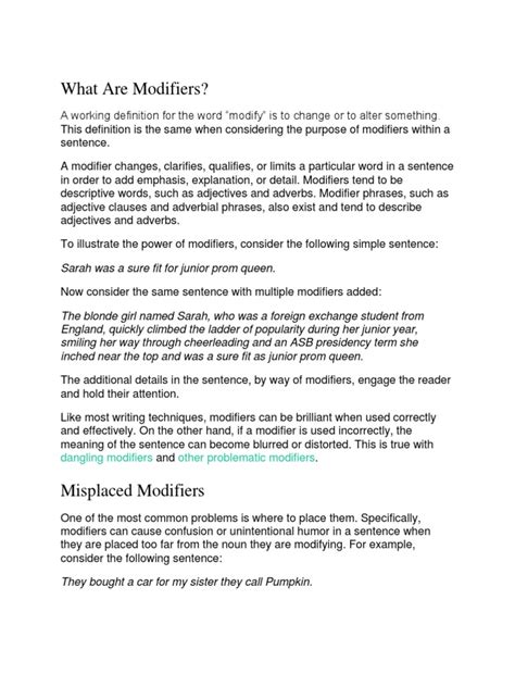 What Are Modifiers Dangling Modifiers Other Problematic Modifiers Pdf Adverb Adjective