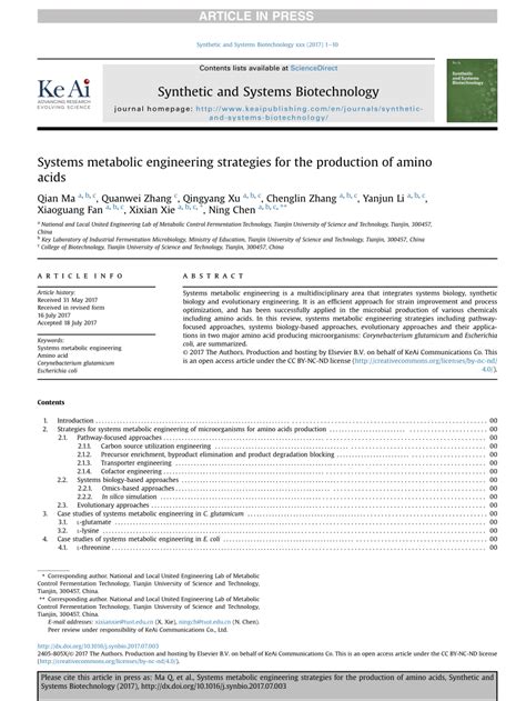 Pdf Systems Metabolic Engineering Strategies For The Production Of Amino Acids