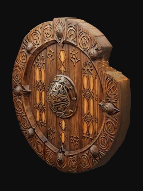 Wooden Medieval Shield With Intricate Carvings It Displays Glowing