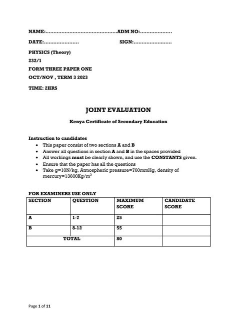 Form 3 Physics Paper 1 End Of Term 3 Examination 2023 1858