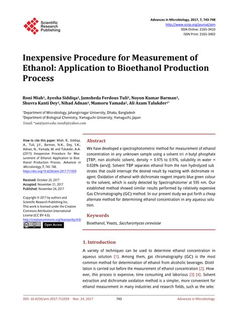 Pdf Inexpensive Procedure For Measurement Of Ethanol Application To