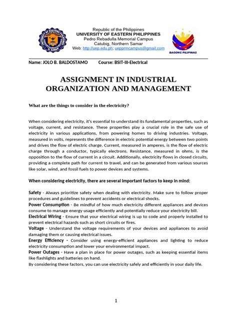 Assignment In Industrial Organization And Management Pdf Electricity Voltage