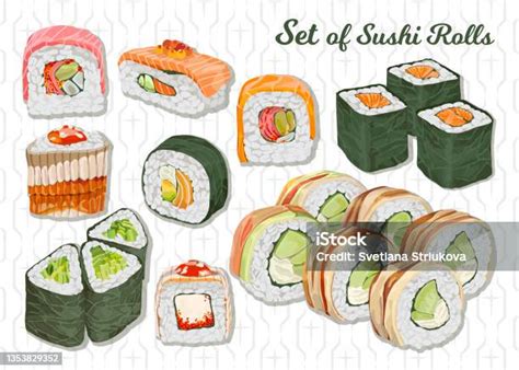 Set Gulungan Sushi Ikon Makanan Yang Digambar Tangan Untuk Templat Menu