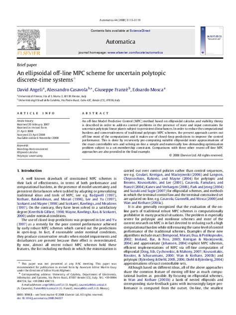 Pdf An Ellipsoidal Off Line Mpc Scheme For Uncertain Polytopic Discrete Time Systems