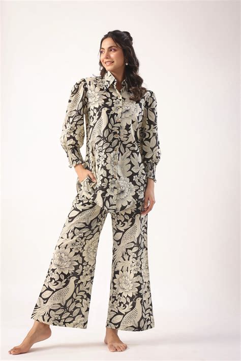 Bird Print On Black Lounge Co Ord Set