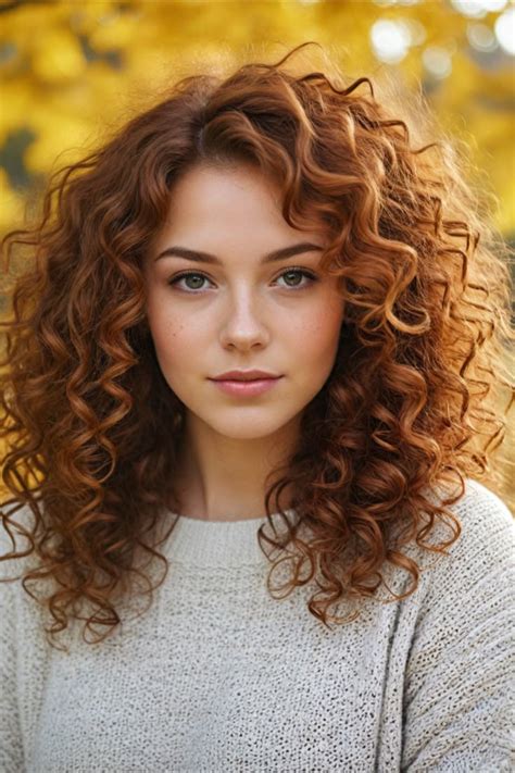 A Girl With Voluminous Curly Auburn Hair Curly Hair Styles Colored