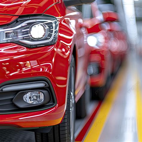Closeup Of Red Car With Shiny Light On Modern Assembly Lines Production