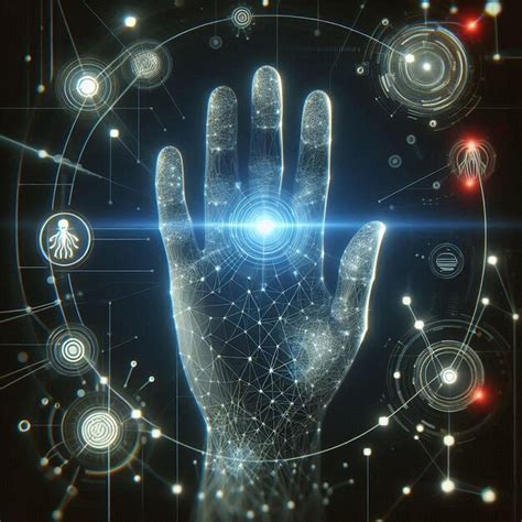 Digital Hand Hologram On Dark Background With Copy Space Neural Network