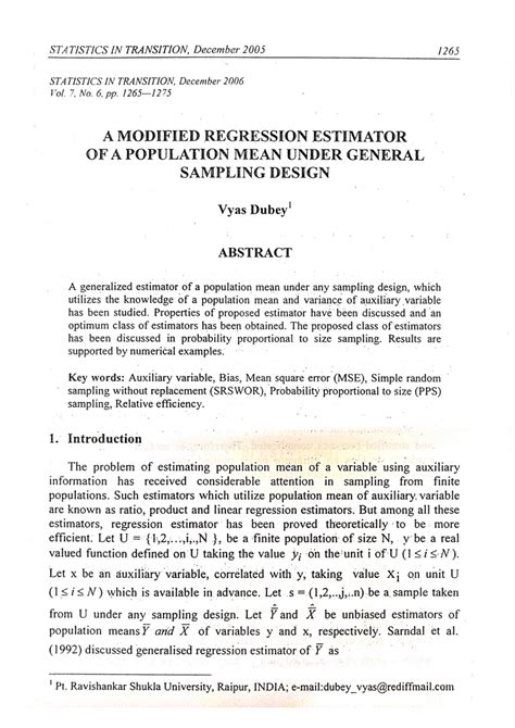 Pdf A Modified Regression Estimator Of A Population Mean Under General Sampling Design