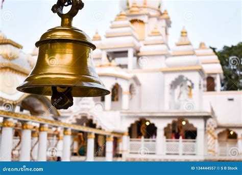 Ring Bells In Temple Golden Metal Bell Isolated Big Brass Buddhist