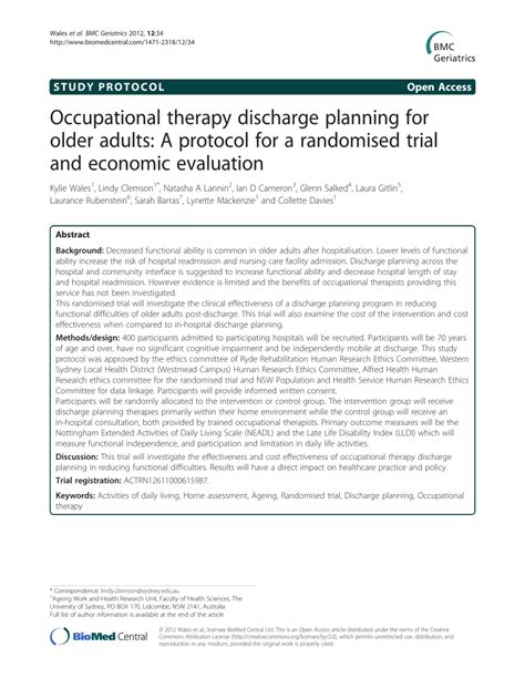 Pdf Occupational Therapy Discharge Planning For Older Adults A Protocol For A Randomised