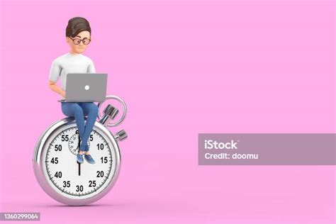 마감일 개념입니다 스톱워치를 통해 작업 하는 노트북만화 캐릭터 사람 사업가 3d 렌더링 경영자에 대한 스톡 사진 및 기타 이미지