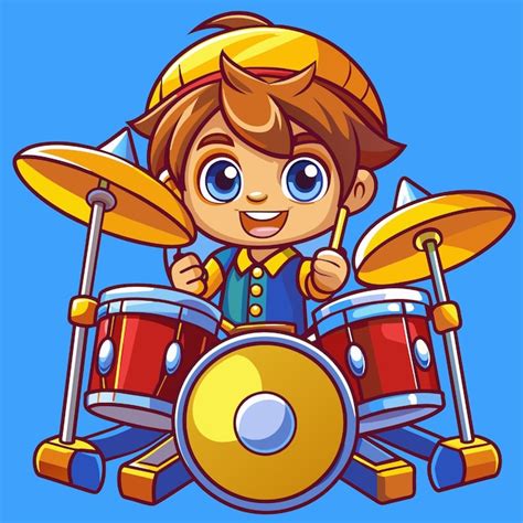 мультфильм мальчика играющего на барабанах с голубым фоном Премиум