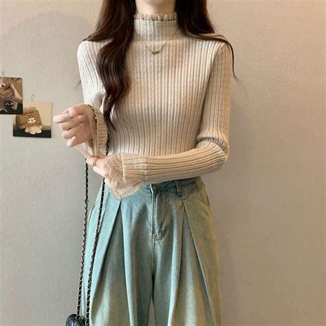 ブルベ服 レース袖リブニットトップス（ブルベ夏向け・ブルベ冬向け） ニットタートルネック ブルベファッション専門通販 Blubel
