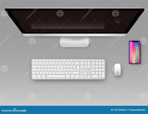 Realistic Pc Monitor Smartphone With Keyboard And Mouse Top View