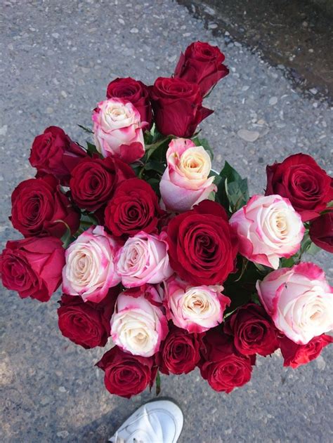 Bouquet Of Red And White Roses With Shoes