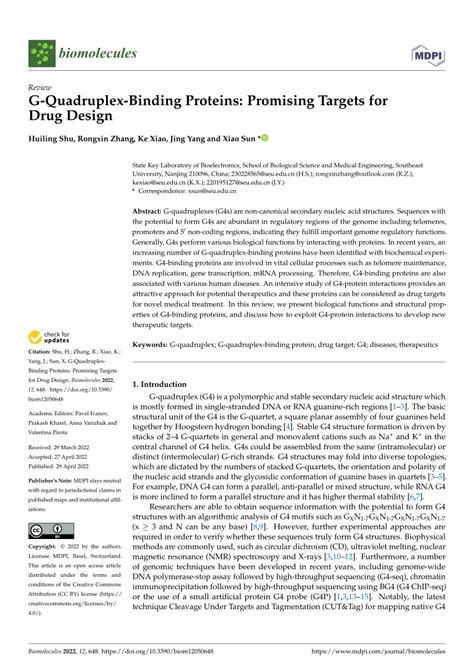 Pdf G Quadruplex Binding Proteins Promising Targets For Drug Design