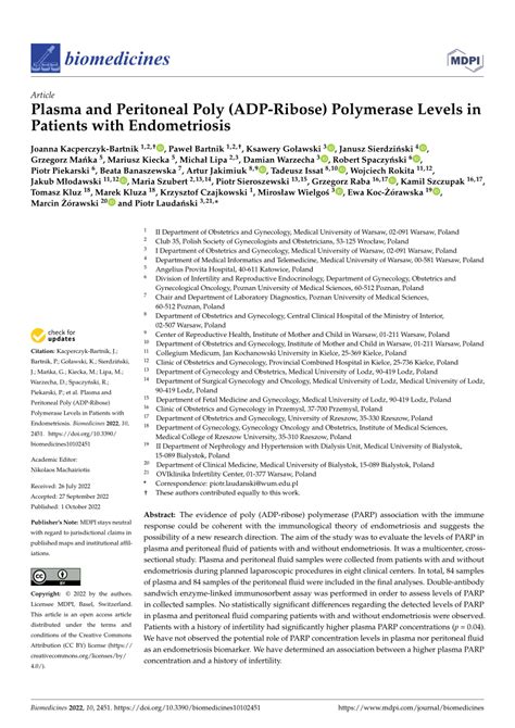 Pdf Plasma And Peritoneal Poly Adp Ribose Polymerase Levels In Patients With Endometriosis