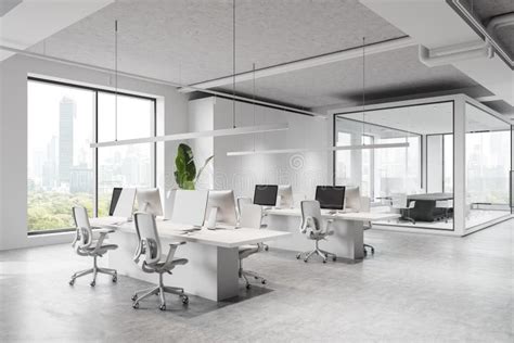 Spacious Modern Office Interior With Open Workspaces Minimalist Design Large Windows And
