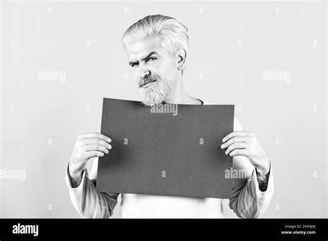 Man With Blank Sheet Paper Advertising Banner Season Sales Man Holding Empty Placard Board