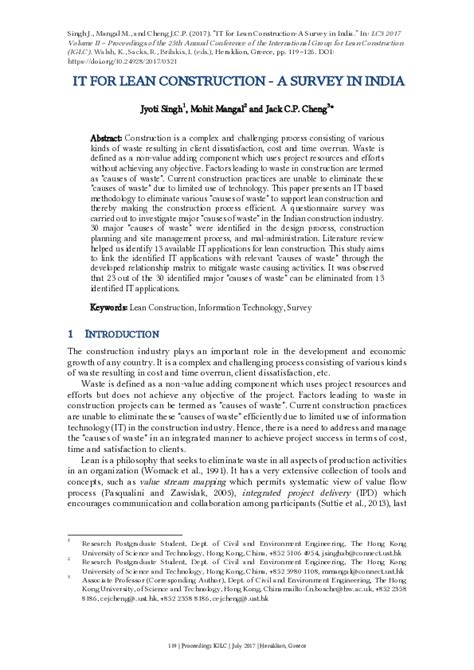Pdf It For Lean Construction A Survey In India