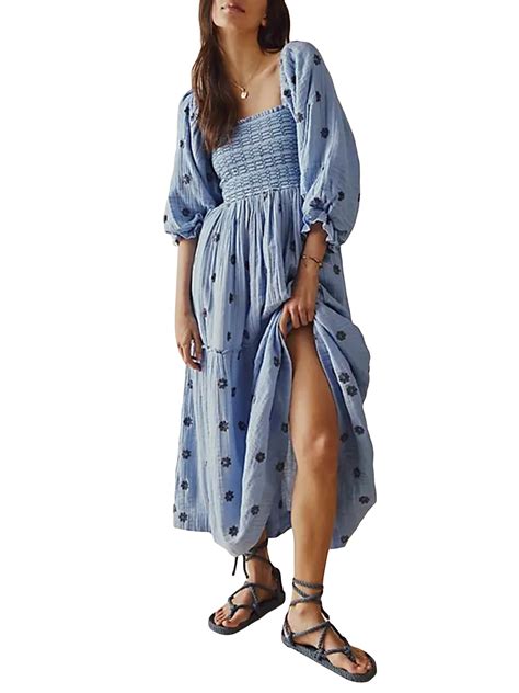 Eyiiye Women Floral Embroidered Maxi Dress Long Puff Sleeve Square Neck