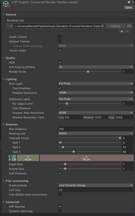 how to set the values of a universal render pipeline asset