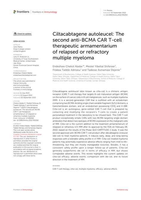 Pdf Ciltacabtagene Autoleucel The Second Anti Bcma Car T Cell