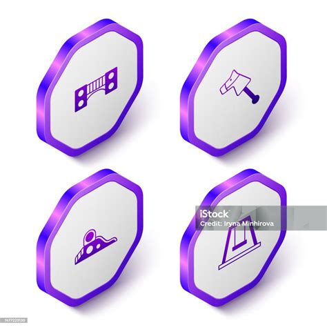 아이소메트릭 놀이터 어린이 다리 장난감 말 슬라이드 놀이터 및 그네 아이콘을 설정합니다 보라색 육각형 버튼 벡터 0명에 대한 스톡 벡터 아트 및 기타 이미지 Istock