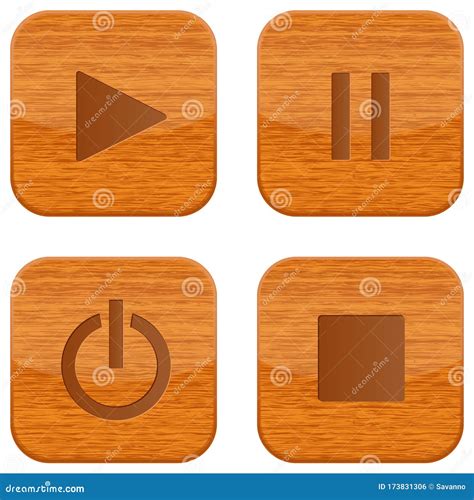 Media Buttons Play Stop Pause Power Wooden Square Shaped Icons Stock Vector Illustration