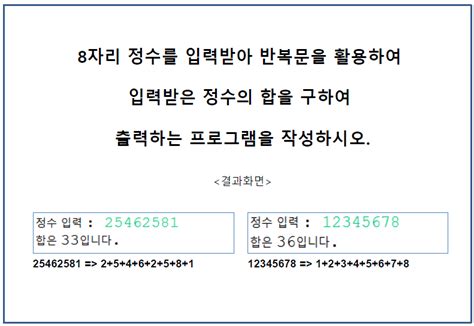 자바페스티벌 16번 8자리 정수 입력받아 정수의 합 구하기 반복문 활용 — 귀염둥이의 일기