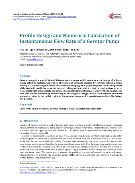 Pdf Profile Design And Numerical Calculation Of Instantaneous Flow Rate Of A Gerotor Pump