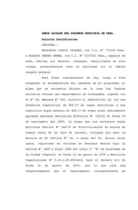 Alcaldia Certificacion Ddrrr I SeÑor Alcalde Del Gobierno Municipal