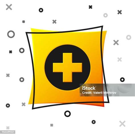 흰색 배경에 고립 된 원형 아이콘에 검은 의료 십자가 응급 처치 의료 기호입니다 노란색 정사각형 단추입니다 벡터 일러스트 0명에 대한 스톡 벡터 아트 및 기타 이미지