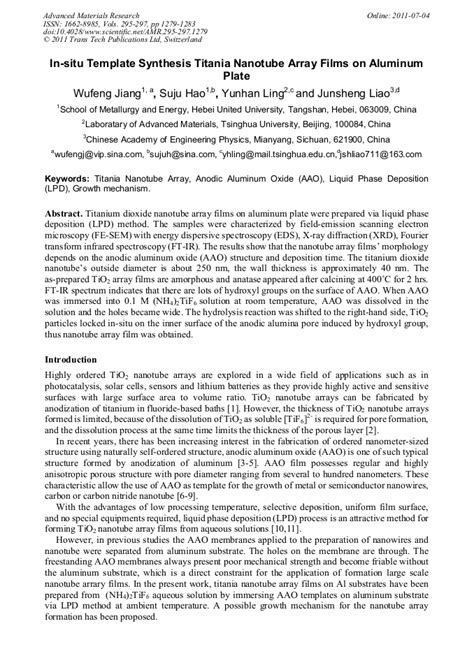 In Situ Template Synthesis Titania Nanotube Array Films On Aluminum Plate Scientificnet