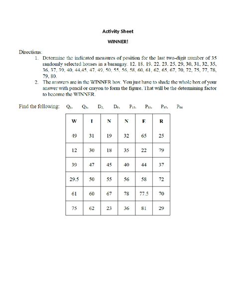 Activity Sheet Quartile Decile Percentile Activity Sheet Winner
