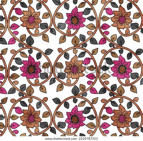 Kalamkari Flowers Outline Seamless Pattern Kalamkari Stock Illustration