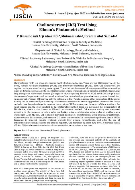 Pdf Cholinesterase Che Test Using Ellmans Photometric Method