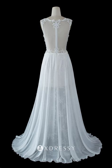 Sheer White Chiffon Lace Slit Summer Wedding Dress Xdressy