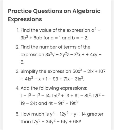 Practice Questions On Algebraic Expressions1 Find The Value Of The Expr